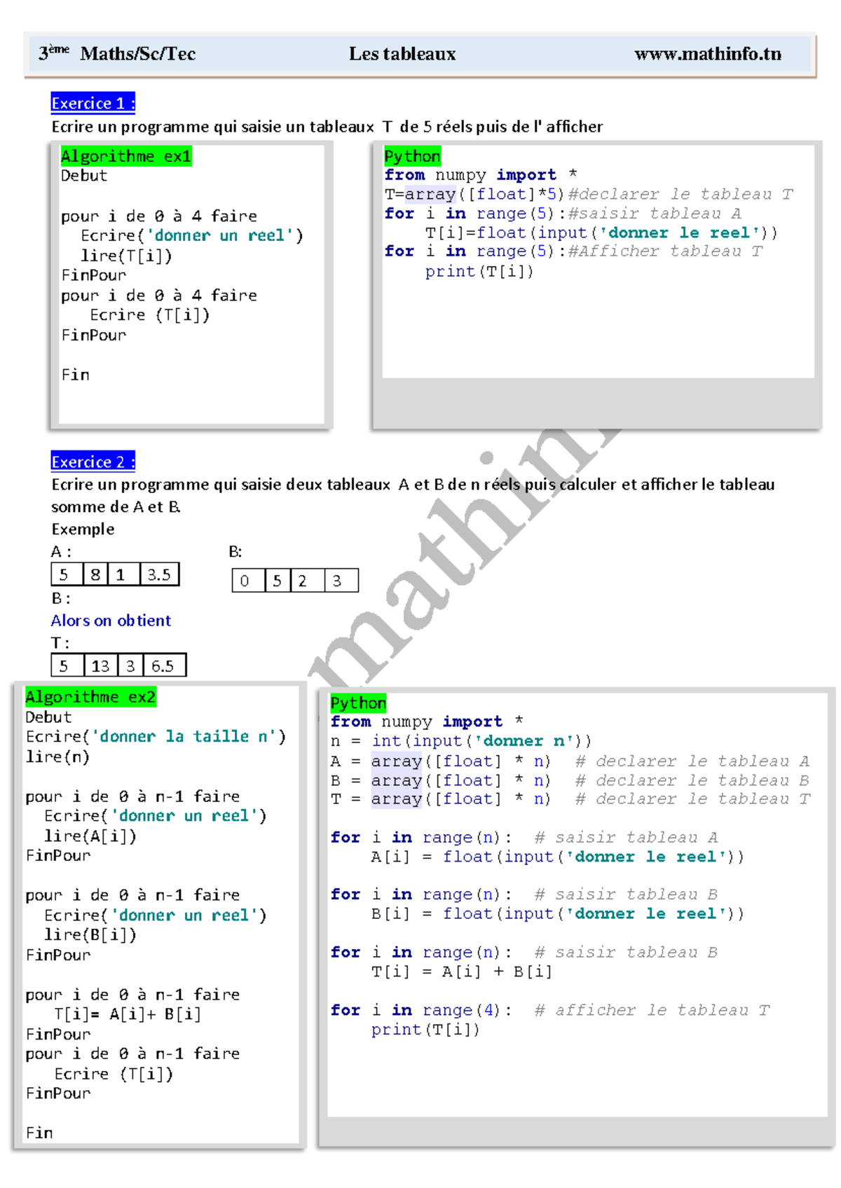 Tableau et Algorithmes - Exercices de Programmation en Python 3ème ...