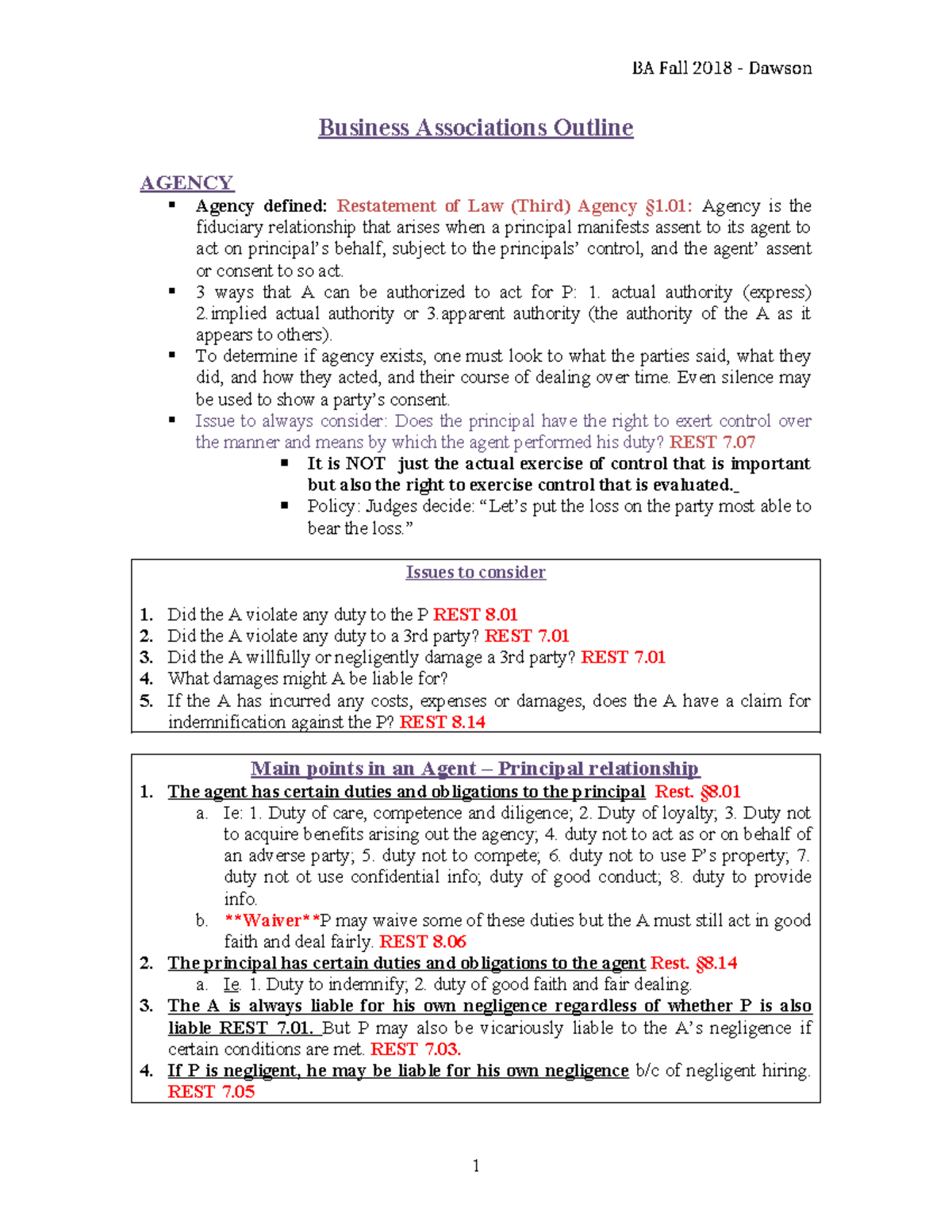 BA Dawson Outline - Business Associations Outline AGENCY Agency defined ...