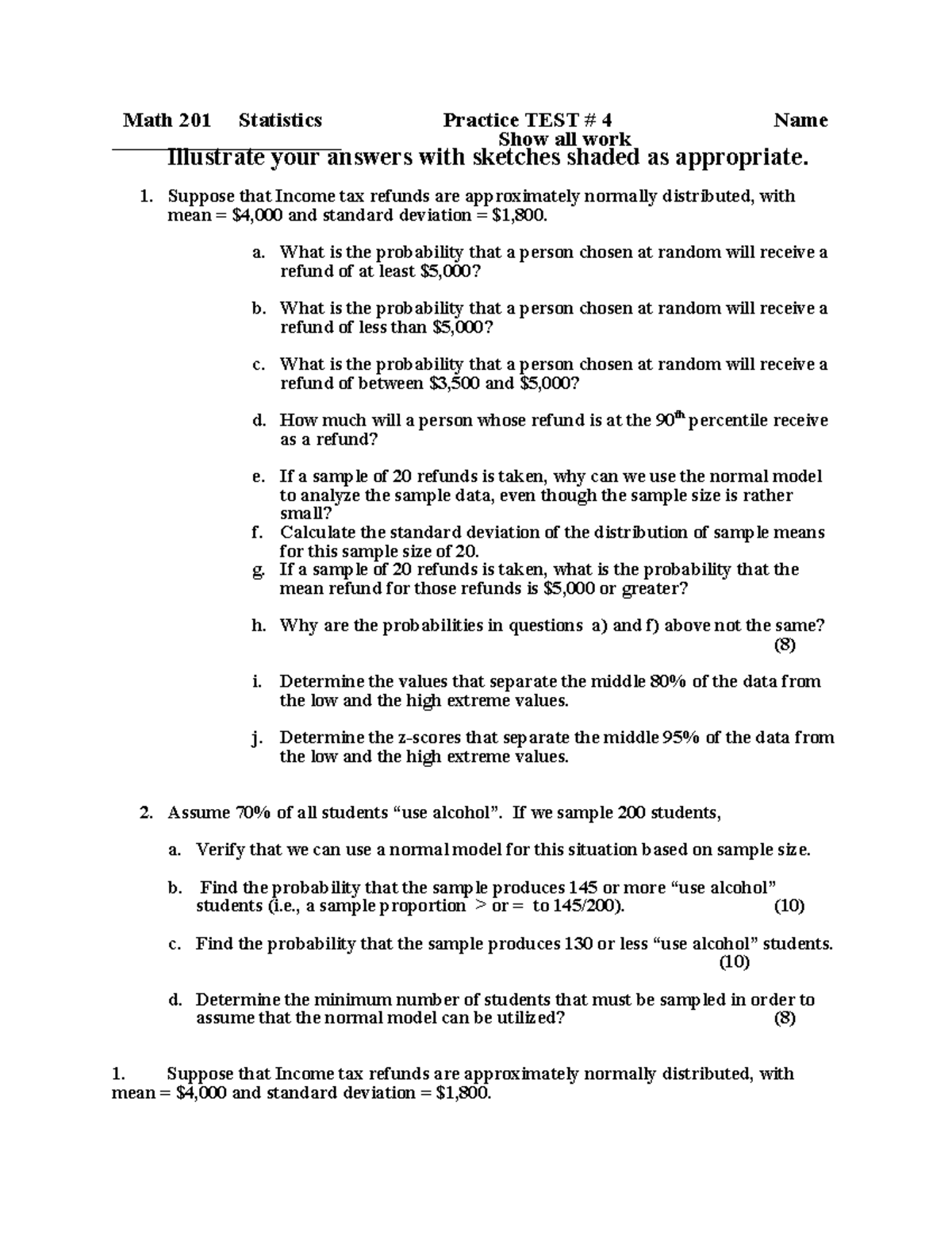 Math 201 practice Test 4 copy - Math 201 Statistics Practice TEST # 4 ...