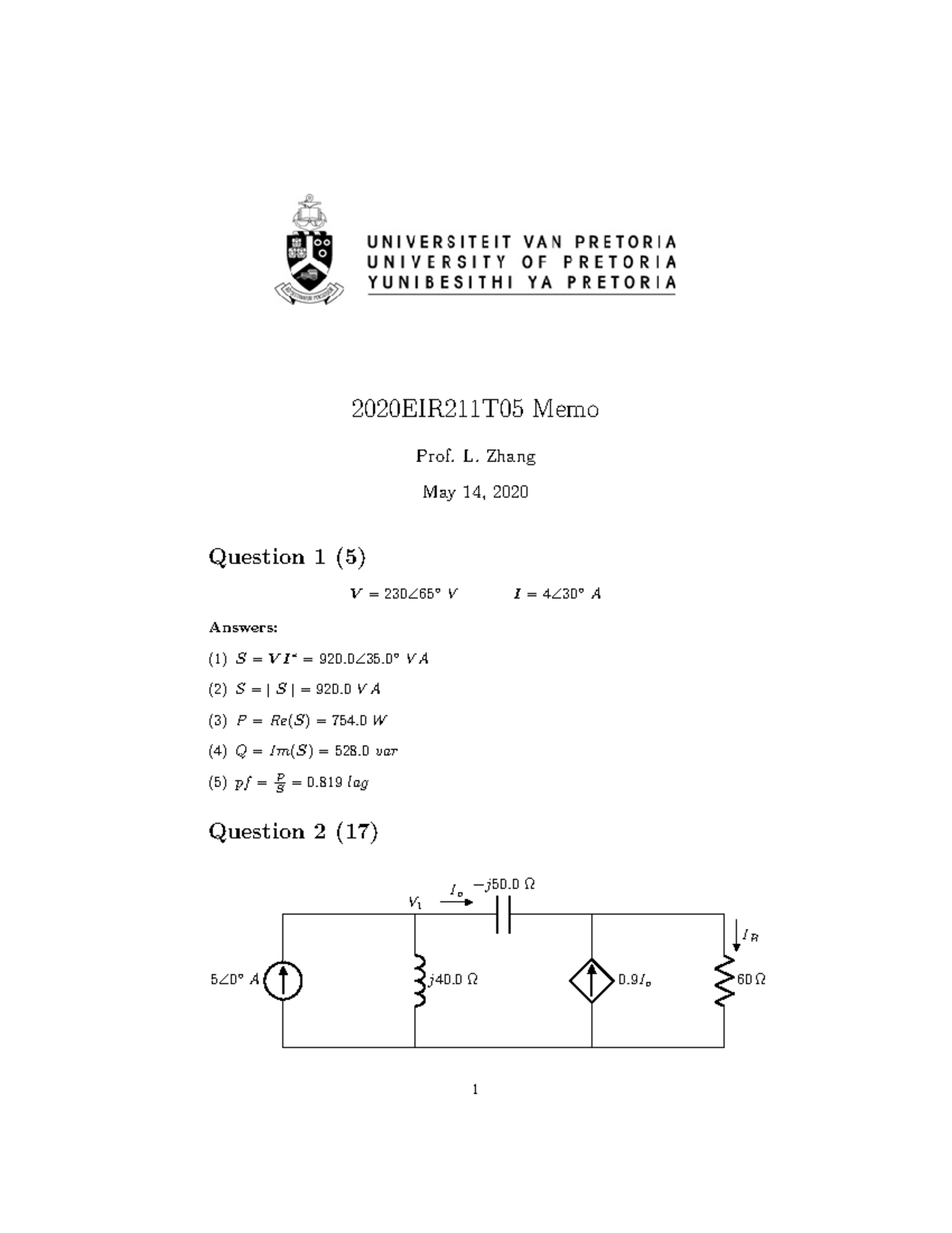 2020EIR211T05 memo - Tut 5 memo - 2020EIR211T05 Memo Prof. L. Zhang May ...