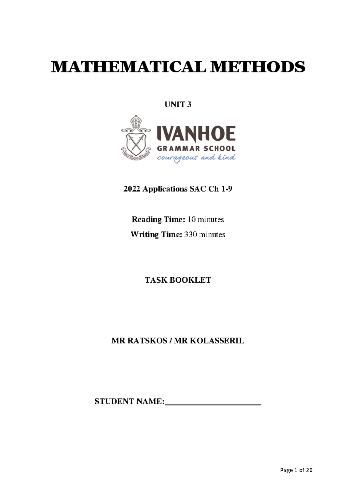 2022 SAC Part 1 Math Methods Application Task Instructions - Studocu