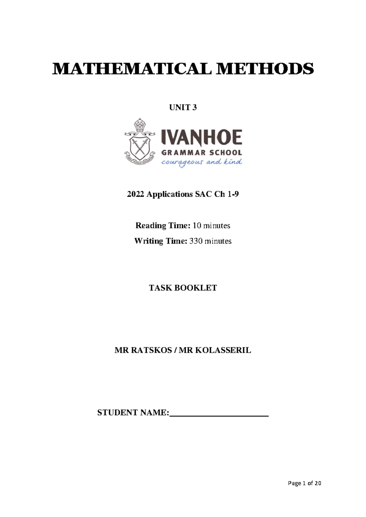 2022 SAC PART-1 Mathematical Methods 2022 - MATHEMATICAL METHODS UNIT 3 2022 Applications SAC Ch ...