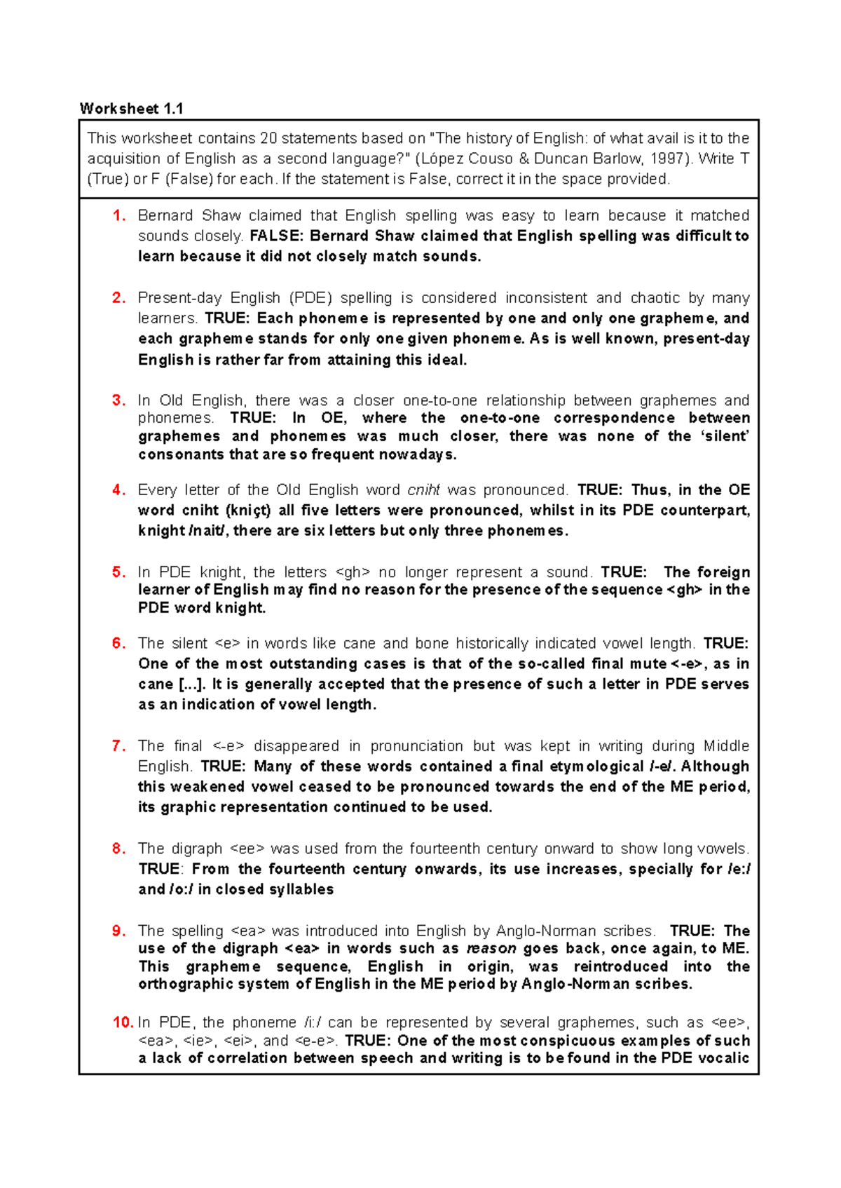 Worksheet HEL 1.1: True/False Statements on English History - Studocu