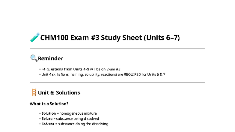 CHM100 Exam #3 Study Sheet: Units 6-7 Key Concepts - Studocu