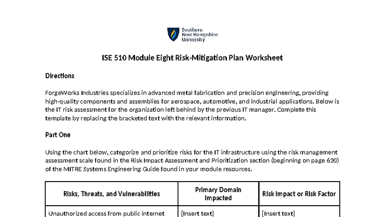 ISE 510 Mod 8 IT Risk-Mitig Plan Worksheet & Guidance - Studocu