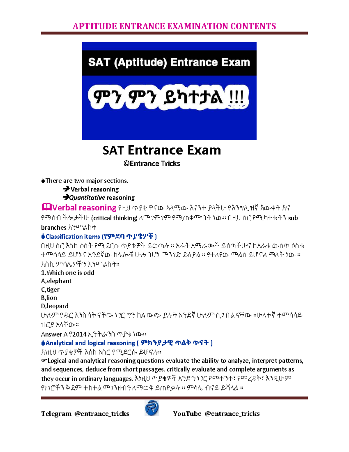 2018 APTITUDE (SAT) ENTRANCE EXAM: Verbal & Logical Reasoning Tips ...