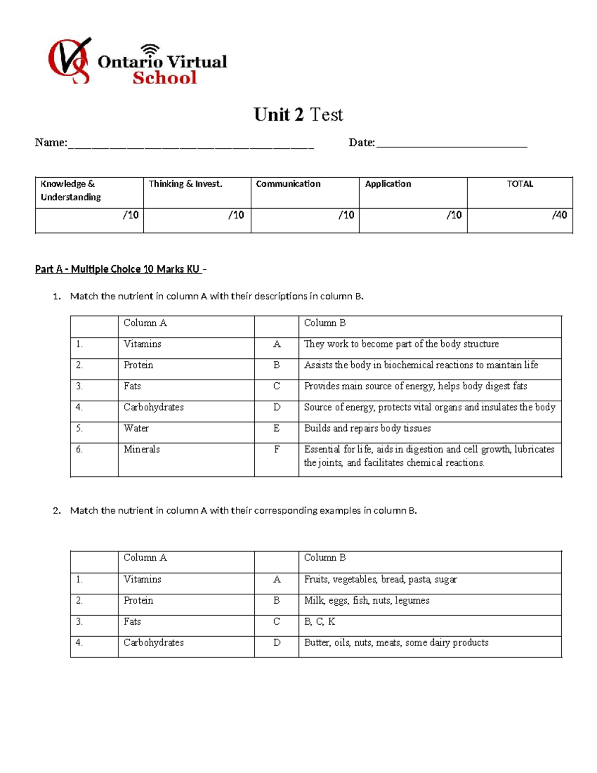 HFA4U Unit Test 2 - Nutrition Knowledge and Understanding - Studocu