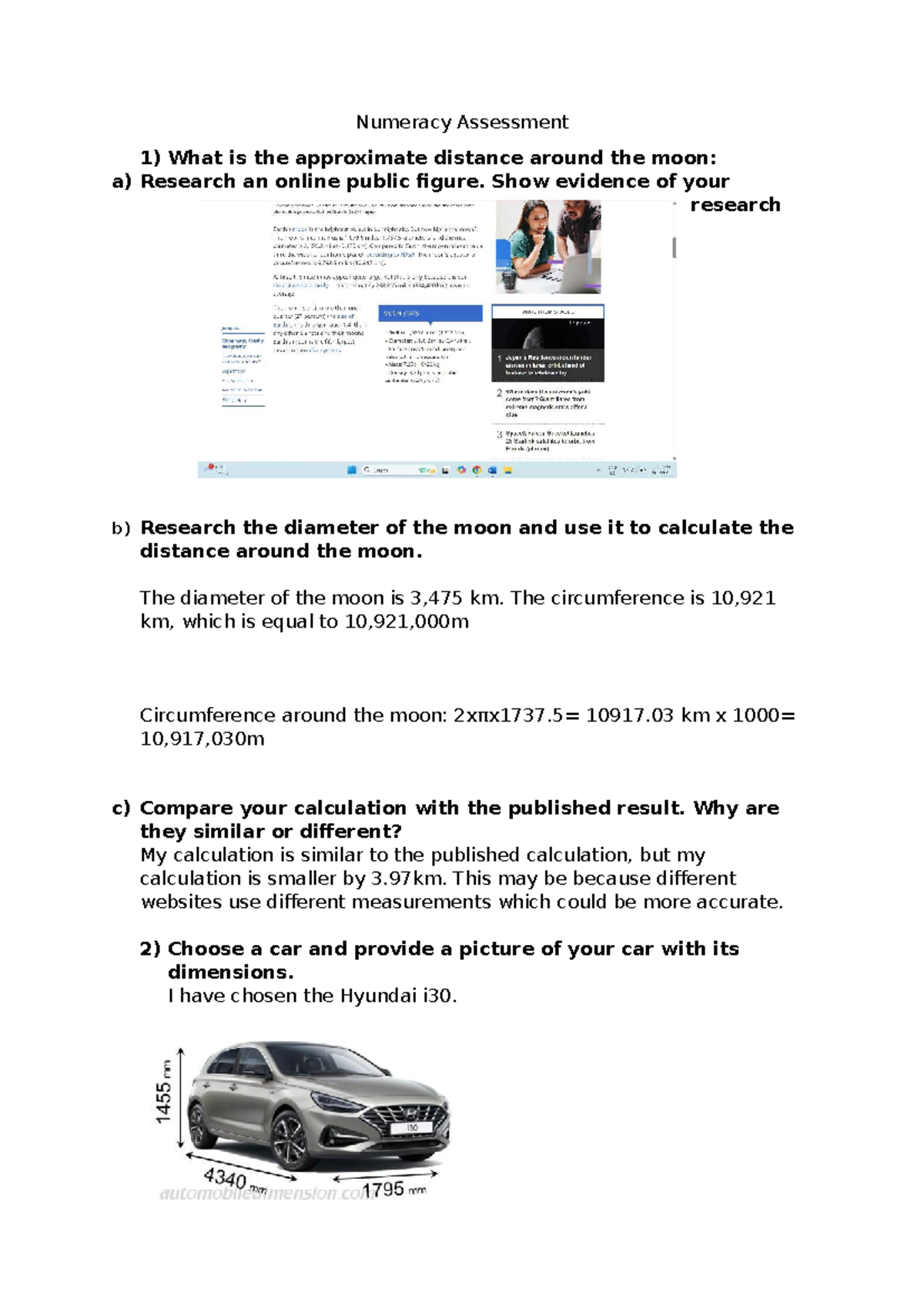 Numeracy Assessment: Moon Circumference & Car Cost Analysis - Studocu