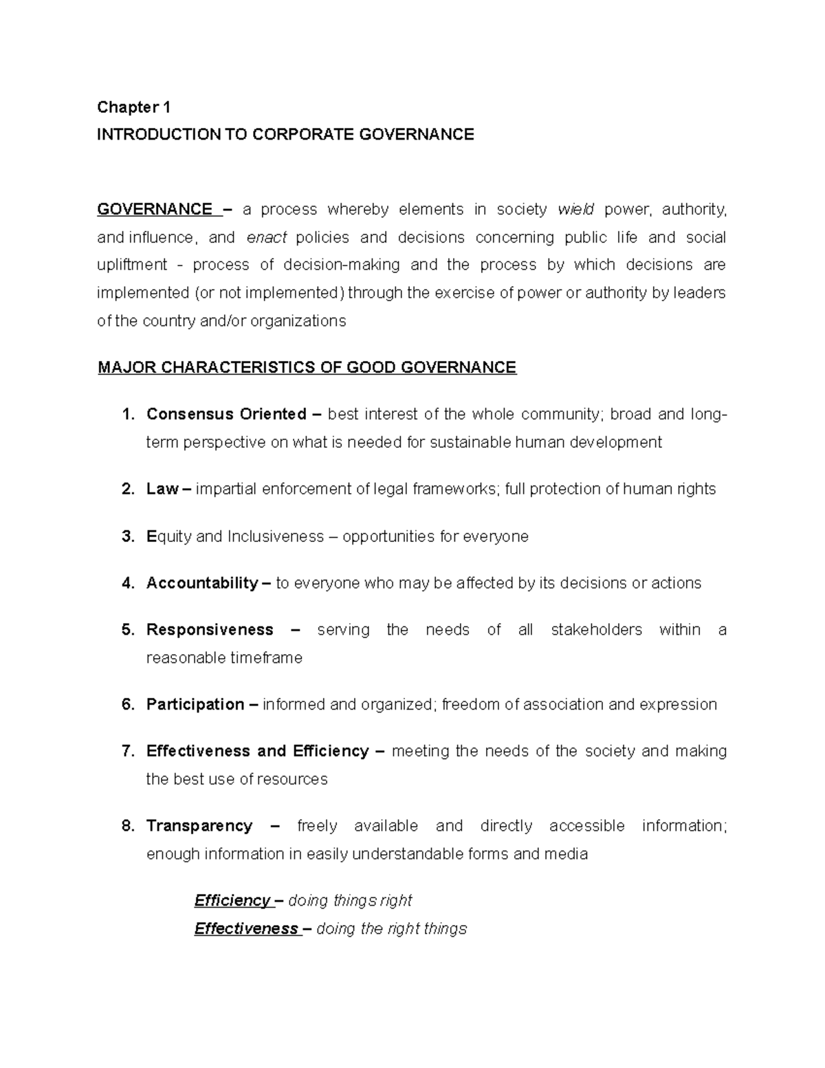 Chapter 1: Introduction to Corporate Governance (Lecture Notes-) - Good ...