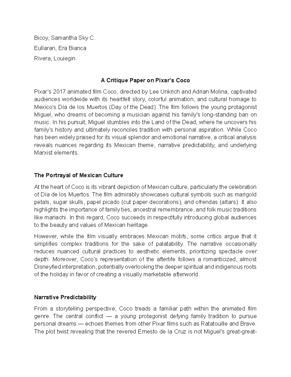 Critique Paper on Pixar's Coco (2017) - Analysis & Insights - Studocu