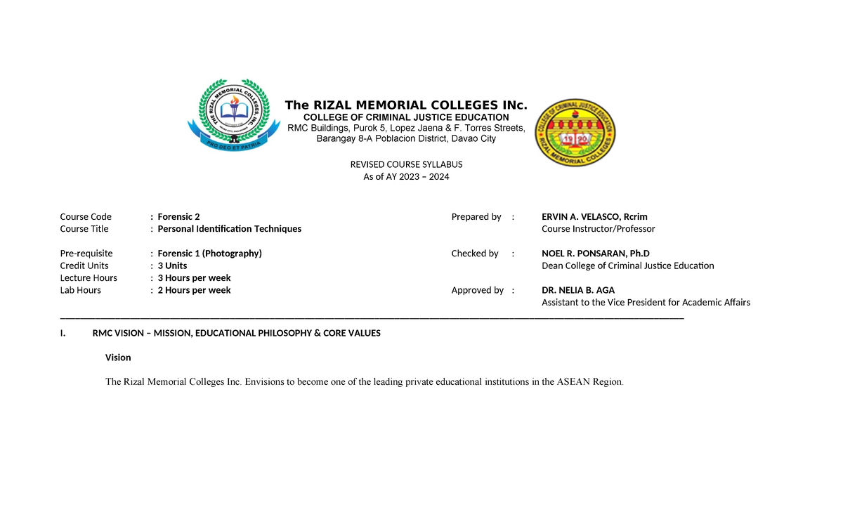 Forensic 2 - Personal Identification Techniques Course Syllabus AY 2023 ...