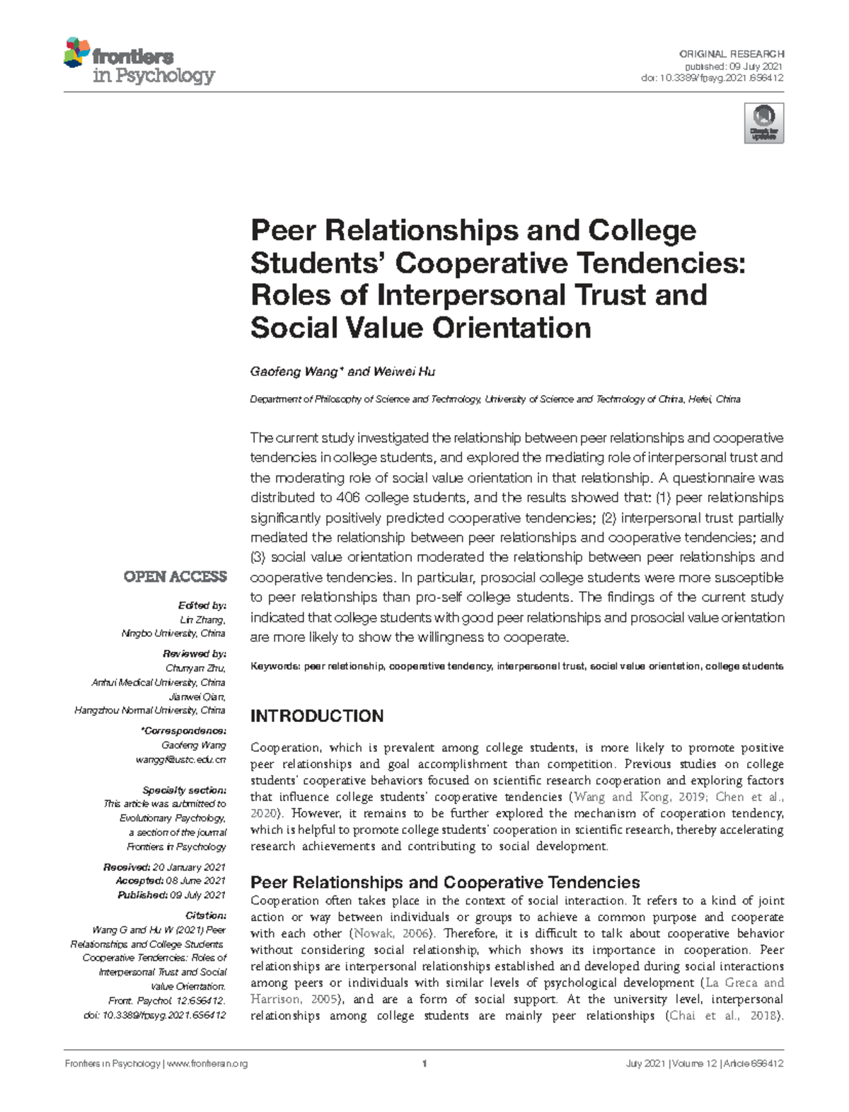 Peer Relationships and Cooperative Tendencies in College Students ...