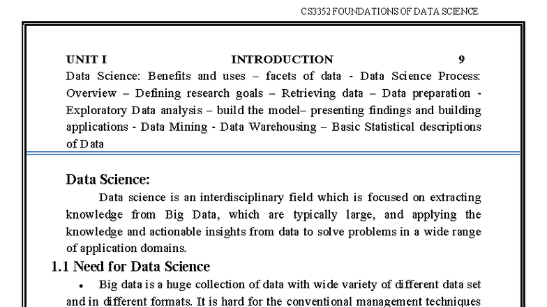 CS3352 FOUNDATIONS OF DATA SCIENCE UNIT I: INTRODUCTION TO DATA SCIENCE ...