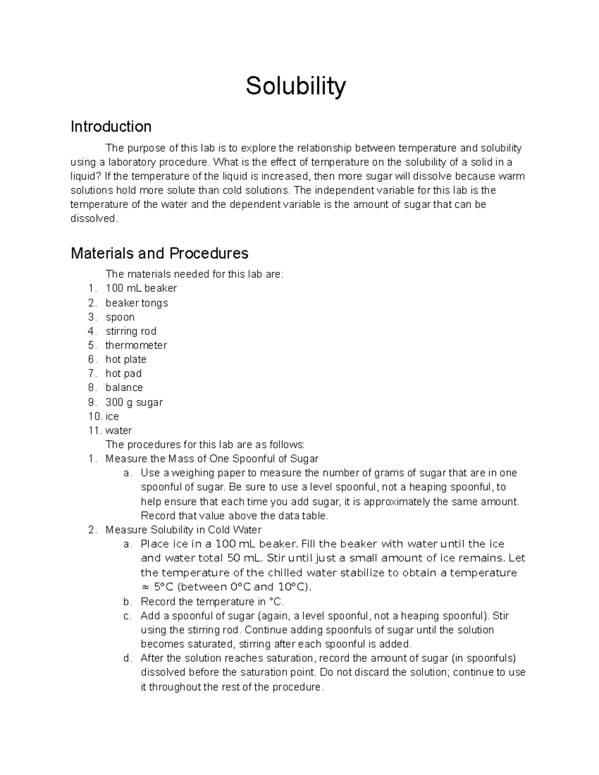 Solubility Lab Report: Investigating Temperature Effects on Dissolution ...