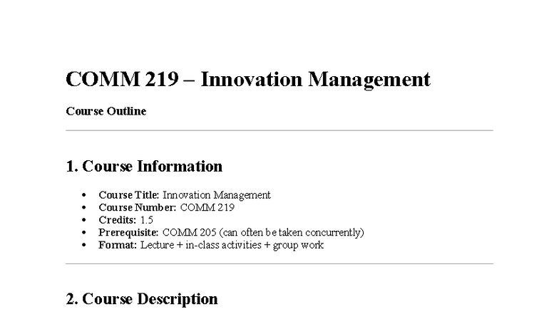 COMM 219 Outline - COMM 219 – Innovation Management Course Outline 1 ...