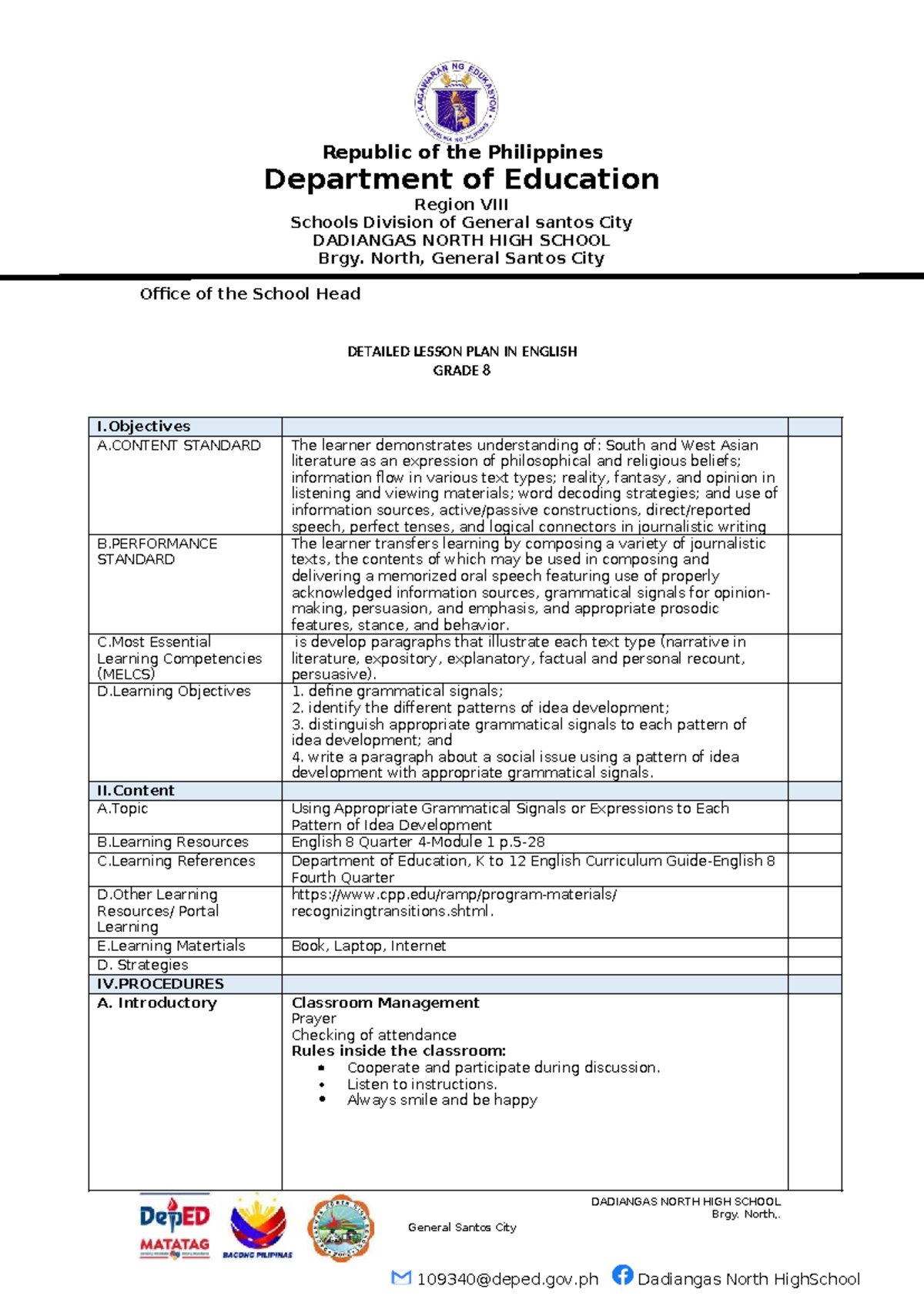 Detailed Lesson Plan in English 8: Grammatical Signals and Idea ...