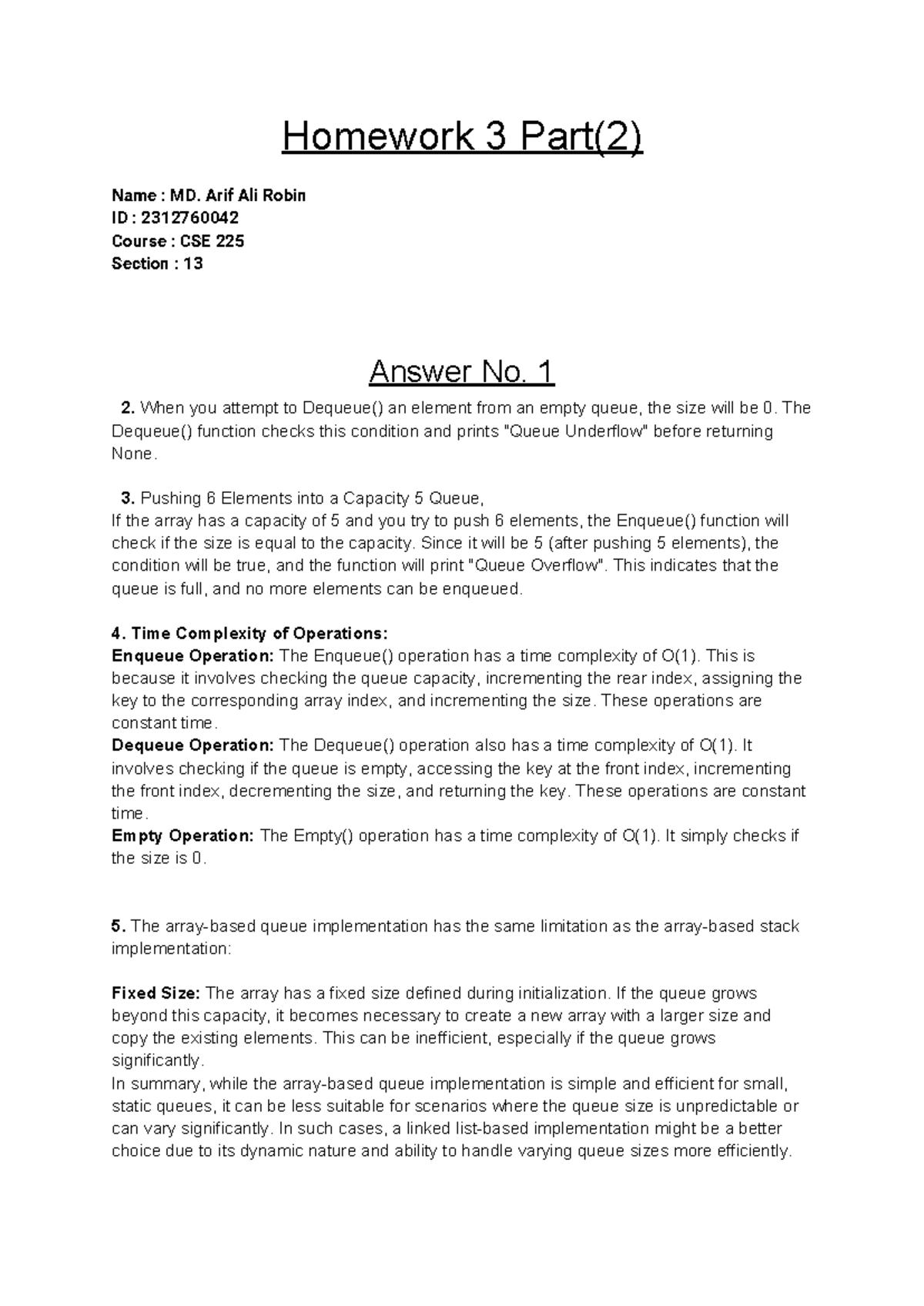 CSE 225 Homework 3 Part 2: Queue Implementation Analysis - Studocu