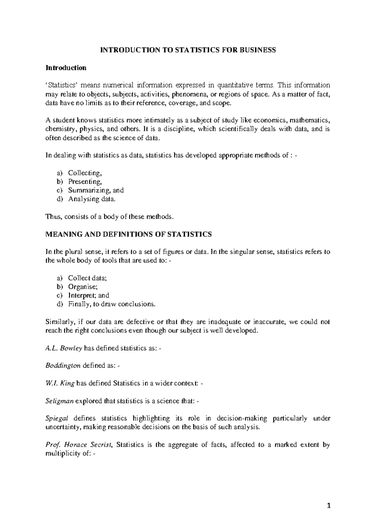 Lesson 1: Introduction to Business Statistics (Course Code: BUS 101 ...