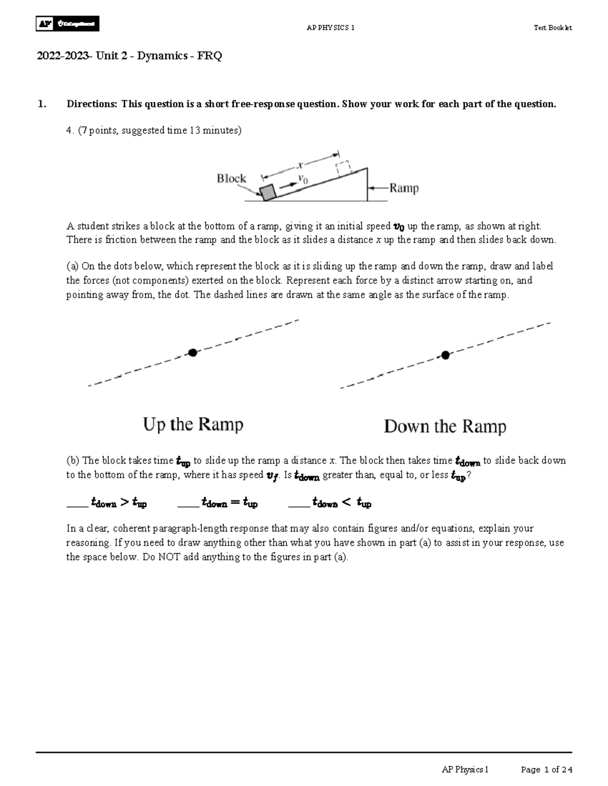 AP PHYSICS 1 2022-2023 Unit 2 - Dynamics - Free Response Questions (FRQ ...