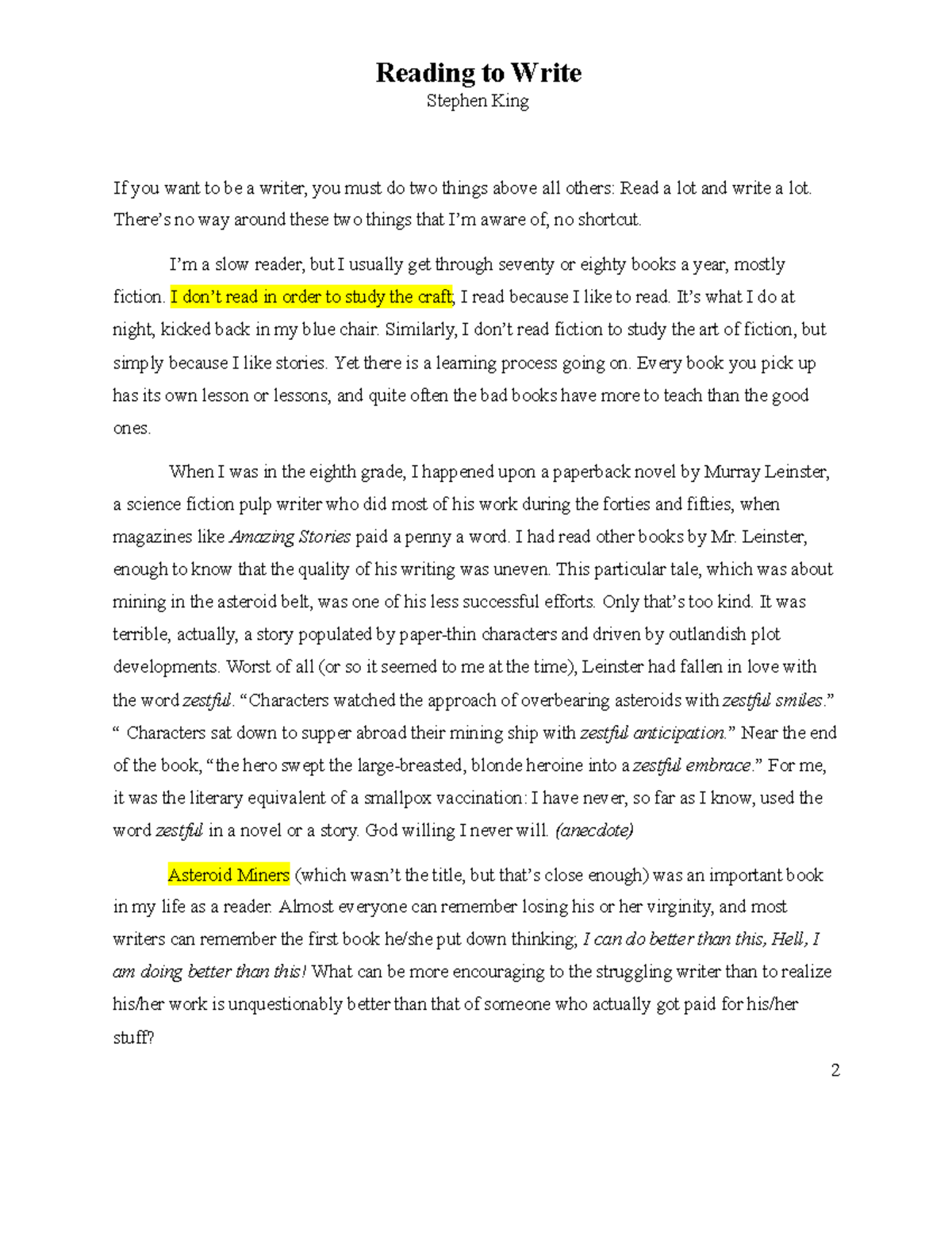 ENG11 - Reading to Write: Insights from Stephen King - Studocu