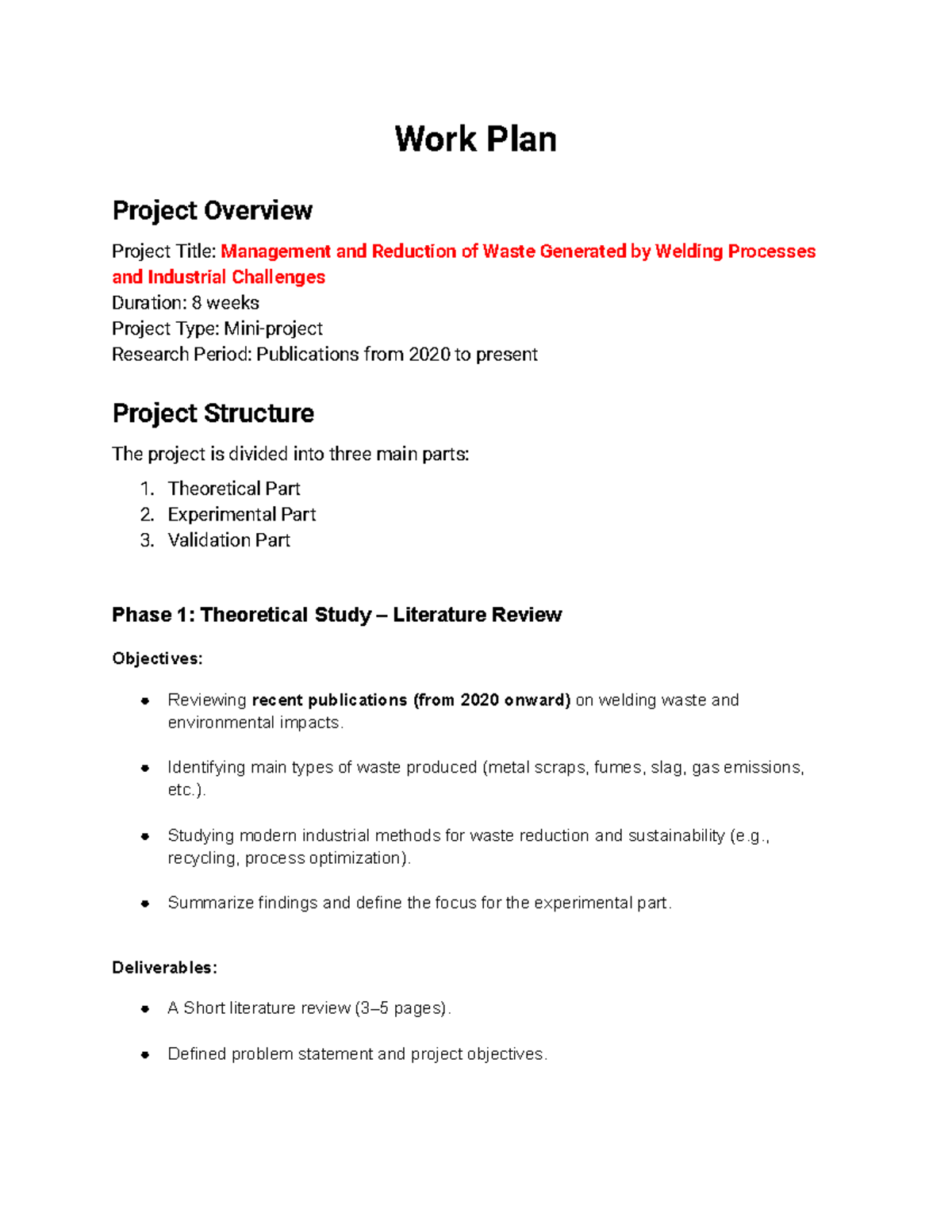 MGT 301: Work Plan for Waste Management in Welding Processes - Studocu