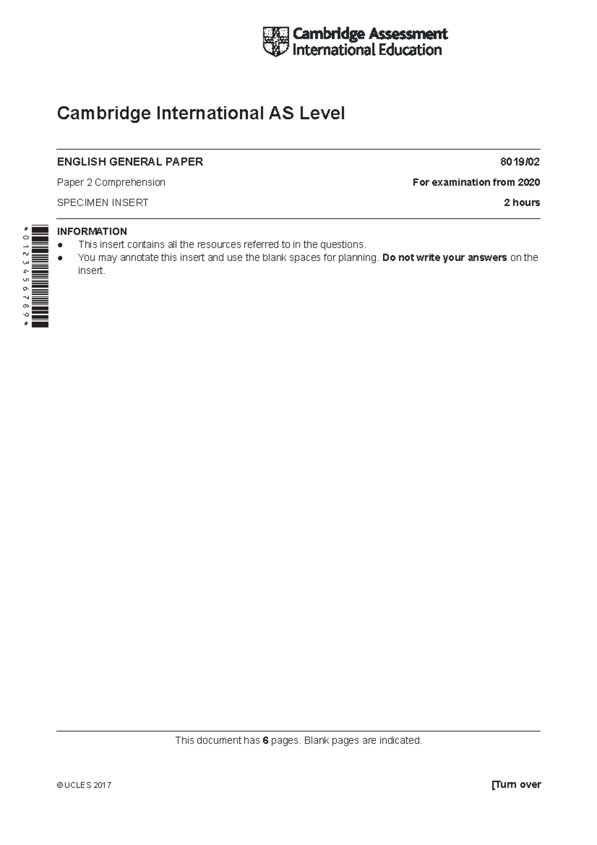 AS Level English General Paper 8019 Specimen Paper 2 Insert (2020 ...