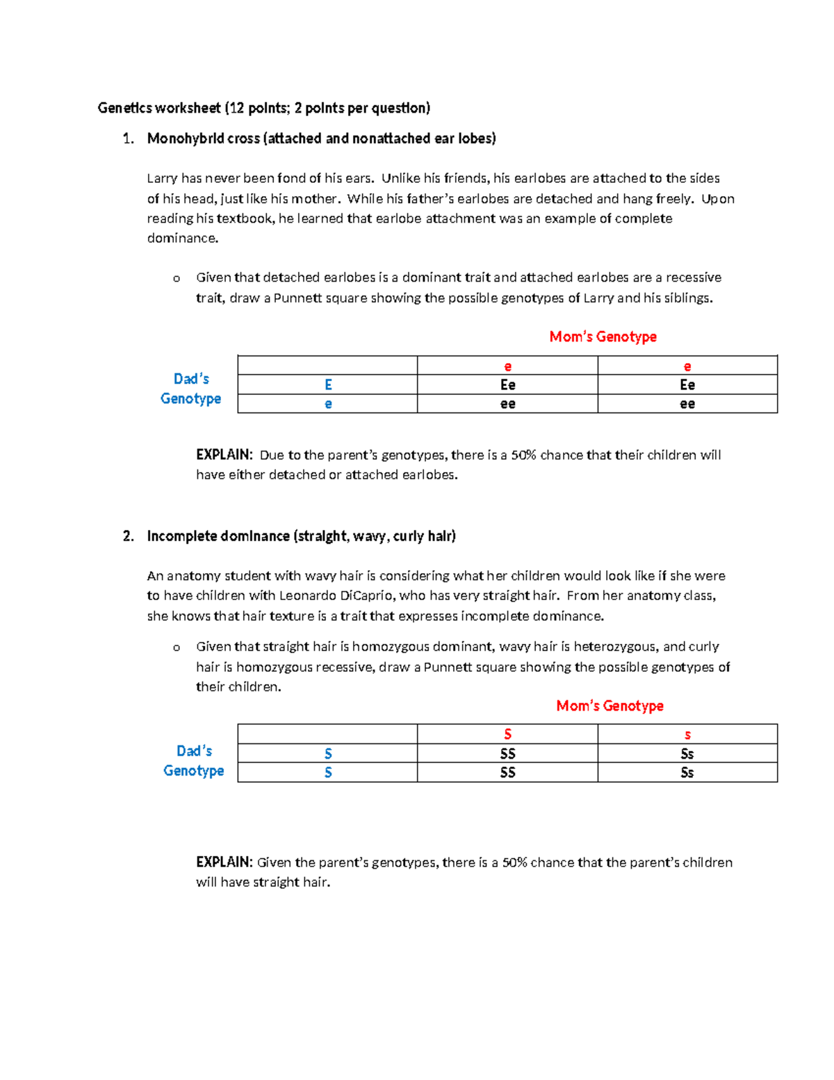 Genetics Worksheet Punnett Squares And Traits Analysis Studocu