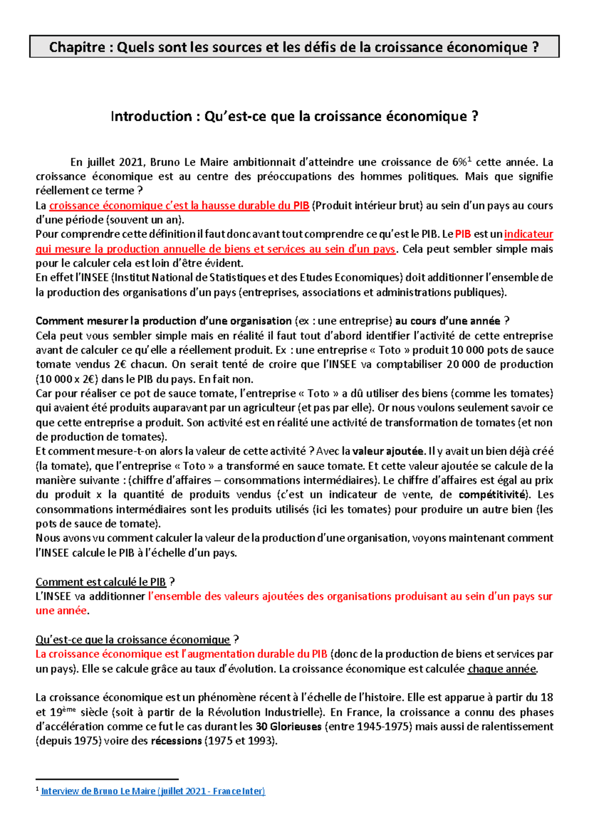 Chap 1 - Croissance éco - FICHE BAC - Chapitre : Quels sont les sources et les défis de la - Studocu