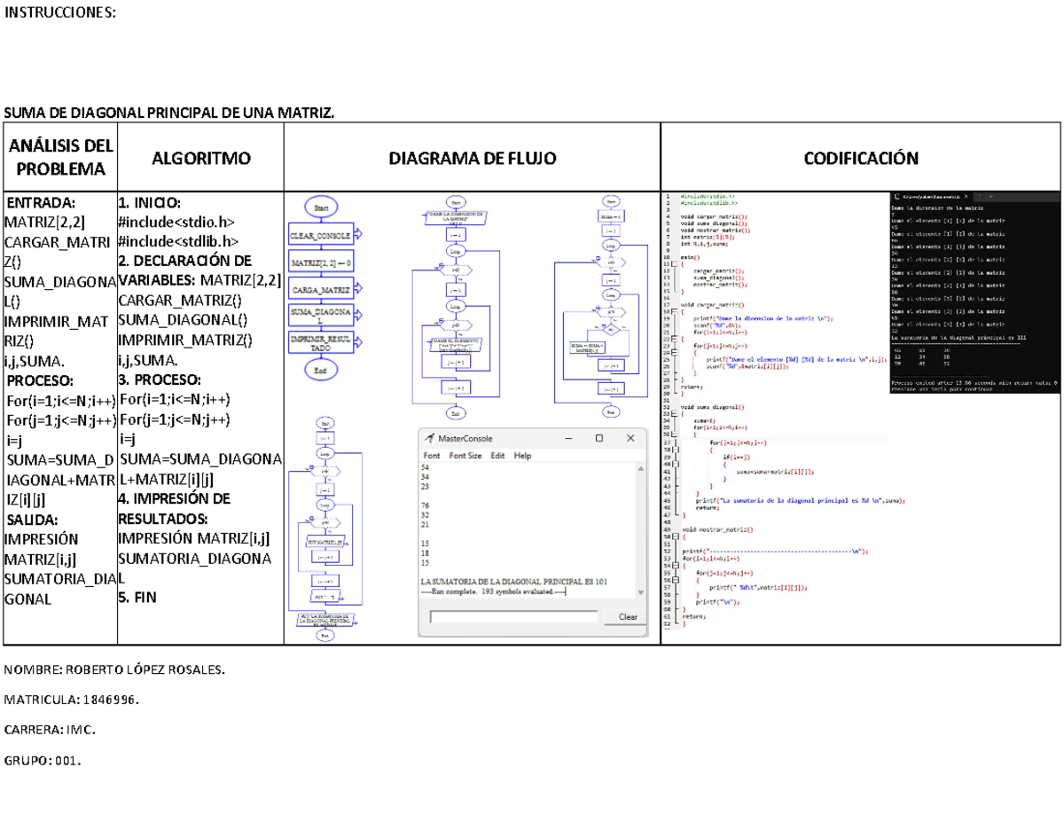 Sumatoria Diagonal DE UNA Matriz - INSTRUCCIONES: SUMA DE DIAGONAL ...
