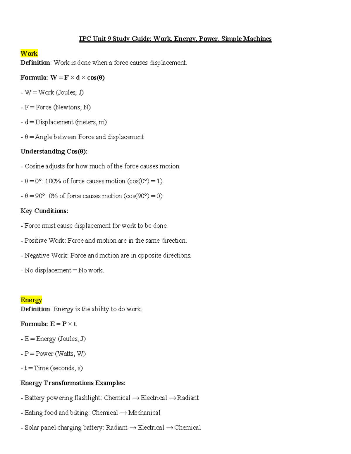 IPC Unit 9 Study Guide: Work, Energy, Power, and Simple Machines - IPC ...
