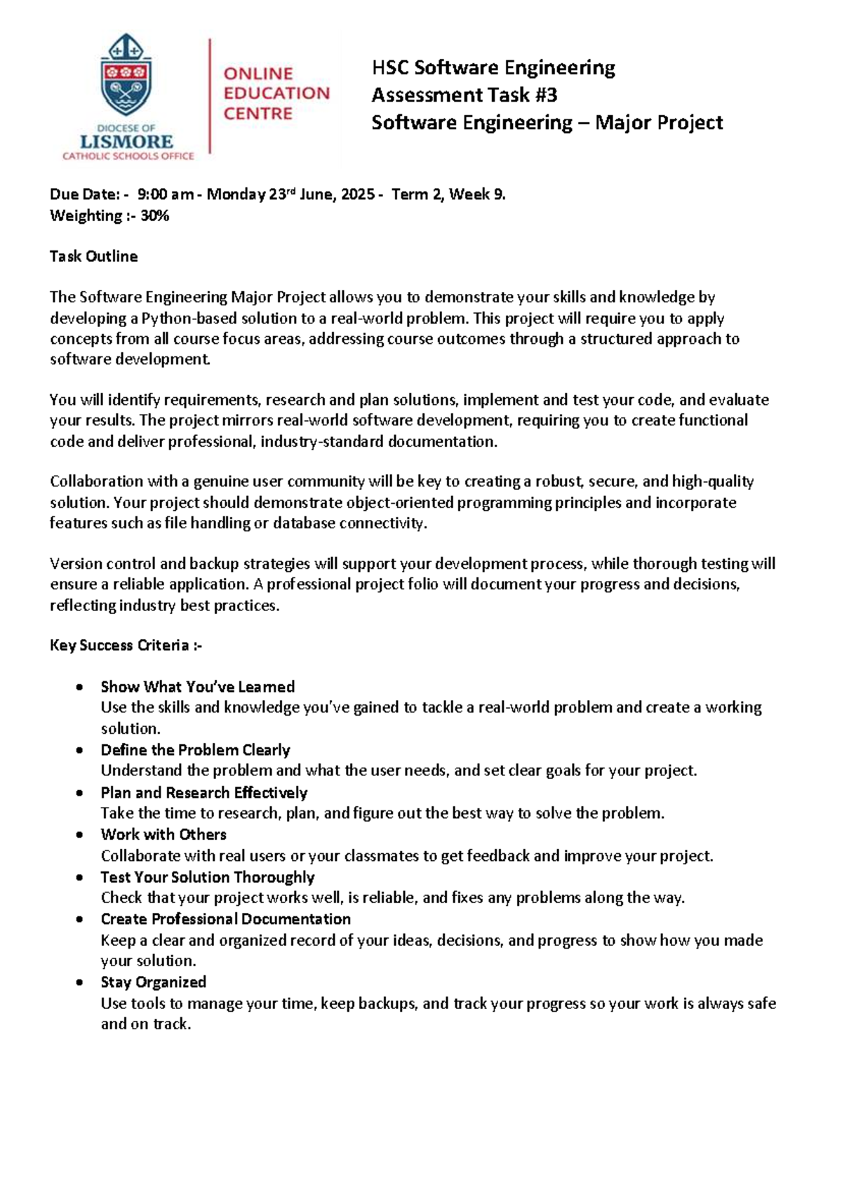 Software Engineering HSC Task 3: Major Project Guidelines - Studocu