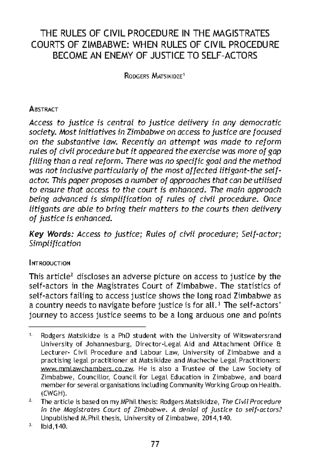 UZJL 2(1) - Reforming Civil Procedure for Self-Actors in Zimbabwe - Studocu