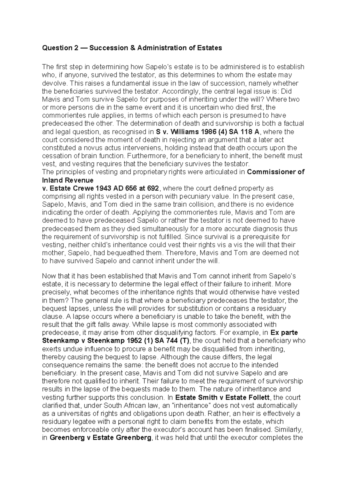 Succession Law Analysis: Estate Administration & Comorientes Rule - Studocu