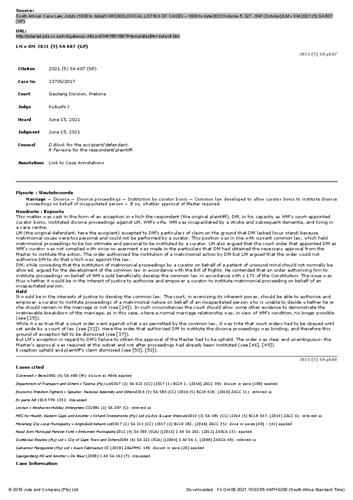 LM v DM 2021 (5) SA 607 (GP): Divorce Proceedings by Curator Bonis ...