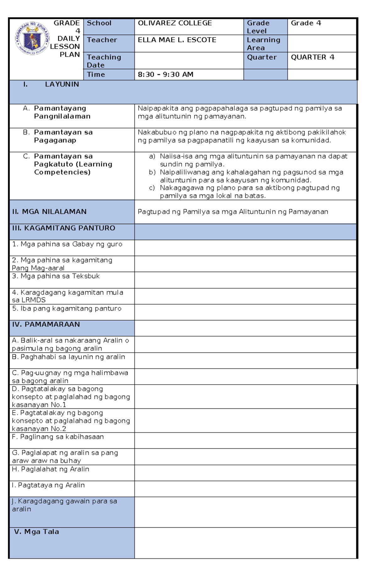 Lesson-Plan-Template - GRADE 4 DAILY LESSON PLAN School OLIVAREZ ...