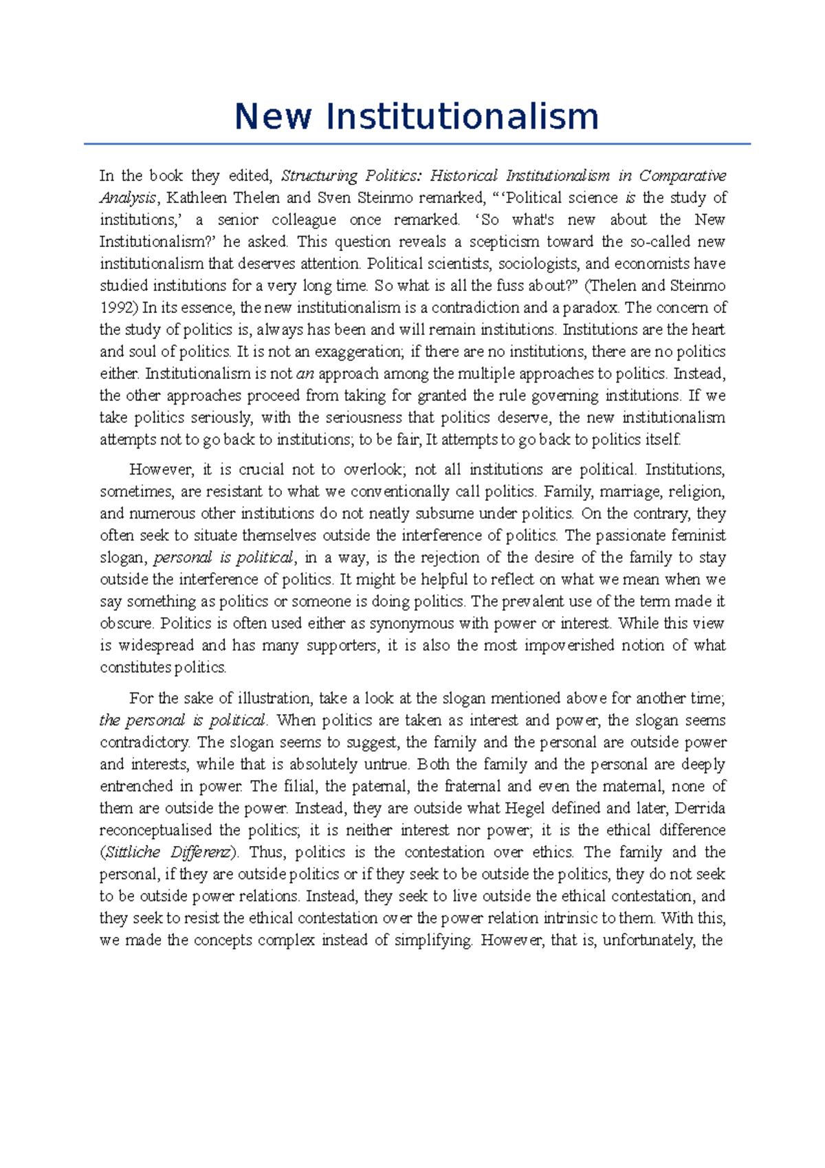 Note on New Institutionalism - New Institutionalism In the book they ...