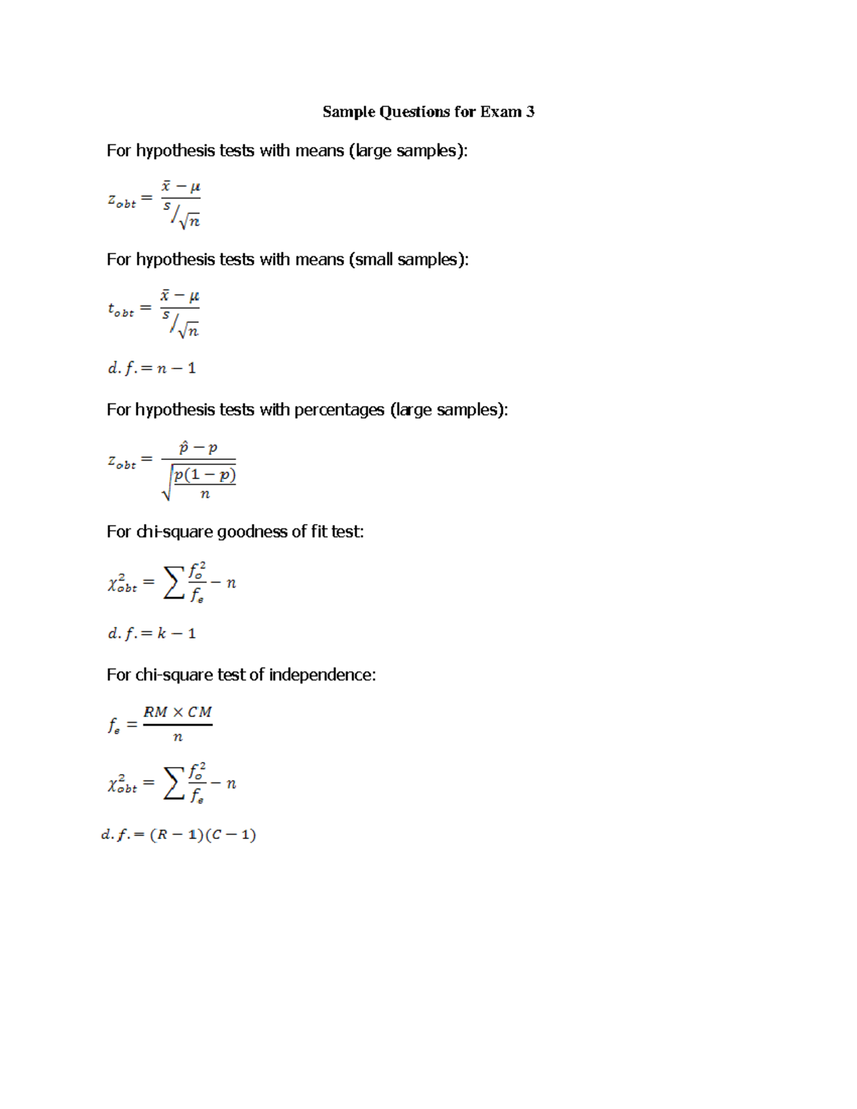 Data Analysis Exam 3 Sample Questions - Sample Questions for Exam 3 For ...