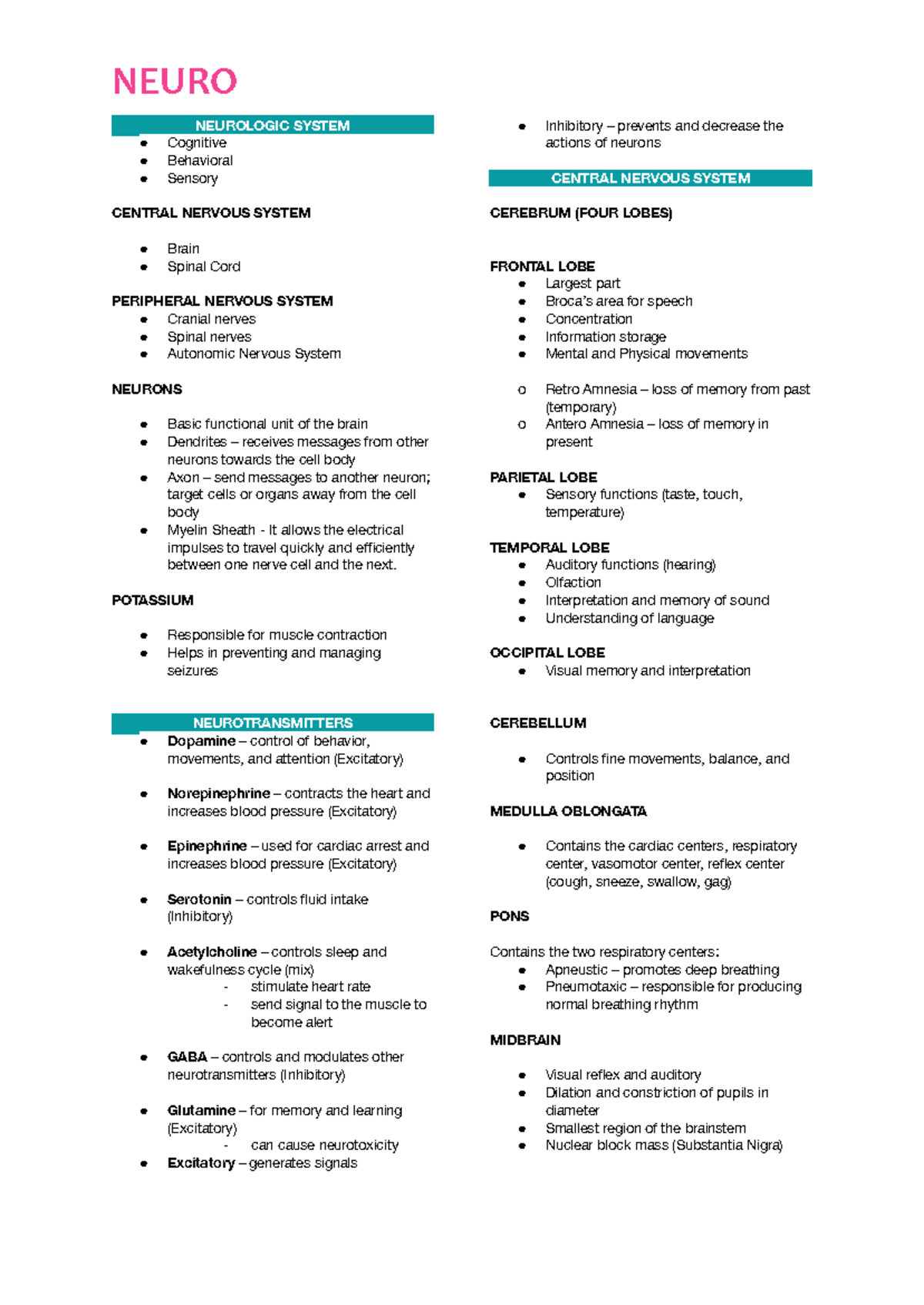 NEURO 101: Comprehensive Overview of the Neurologic System - Studocu
