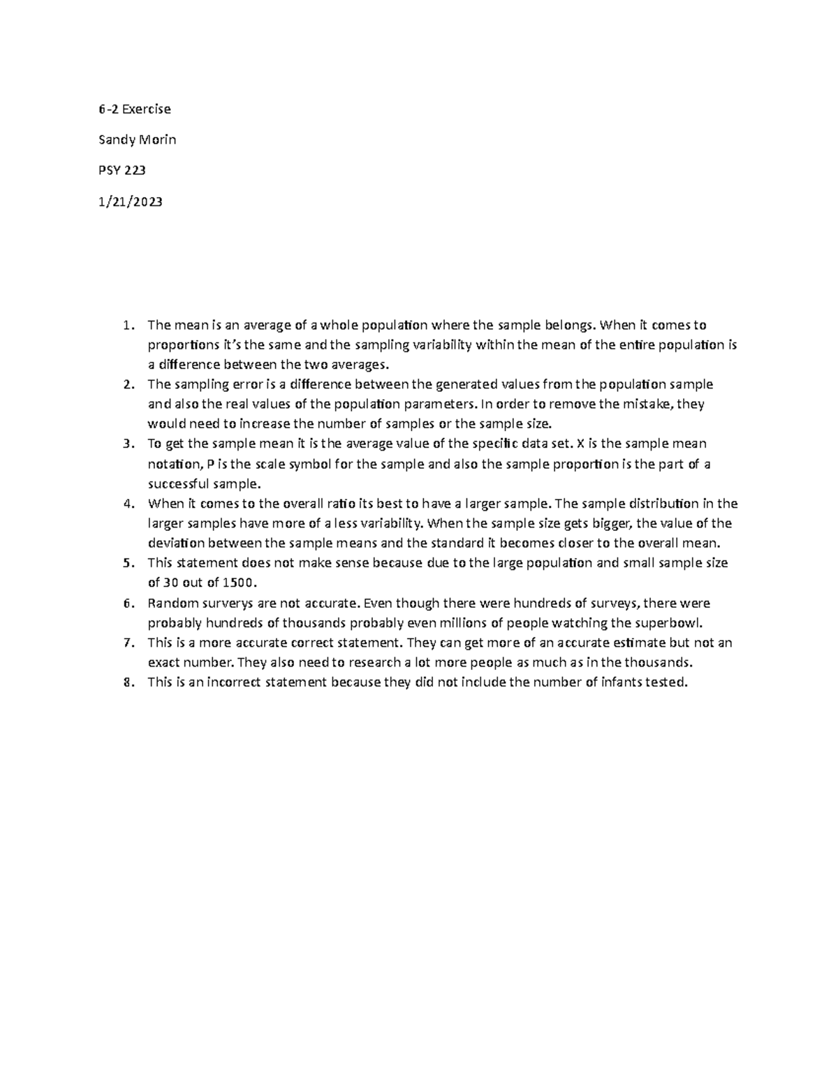 6-2 Exercise Sampling Distribution - 6-2 Exercise Sandy Morin PSY 223 1 ...