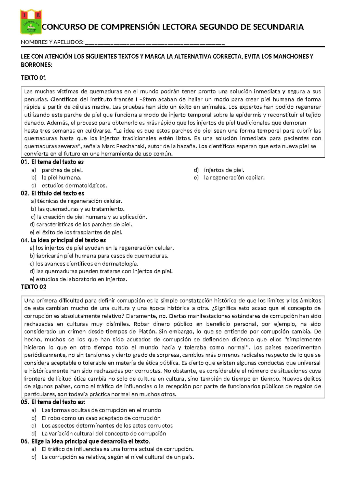 Concurso de Comprensión Lectora 2° Secundaria: Textos y Preguntas - Studocu