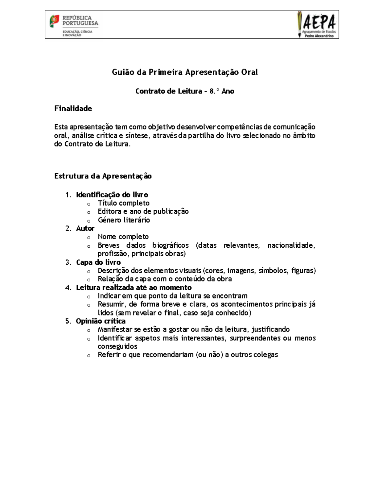 8.º Ano - Guião da 1ª Apresentação Oral sobre Contrato de Leitura - Studocu