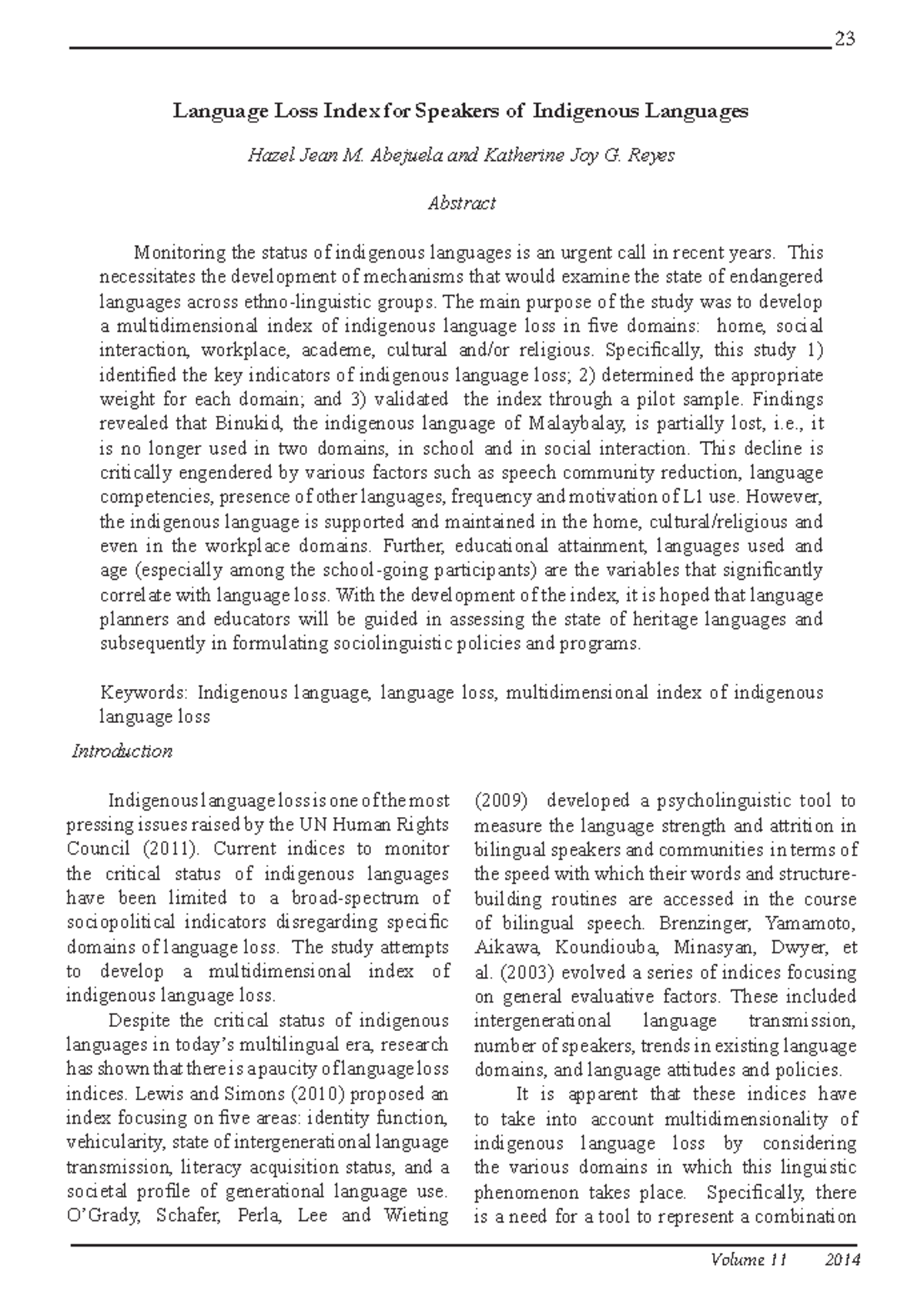 Language Loss Index for Speakers of Indigenous Languages - Abejuela and ...
