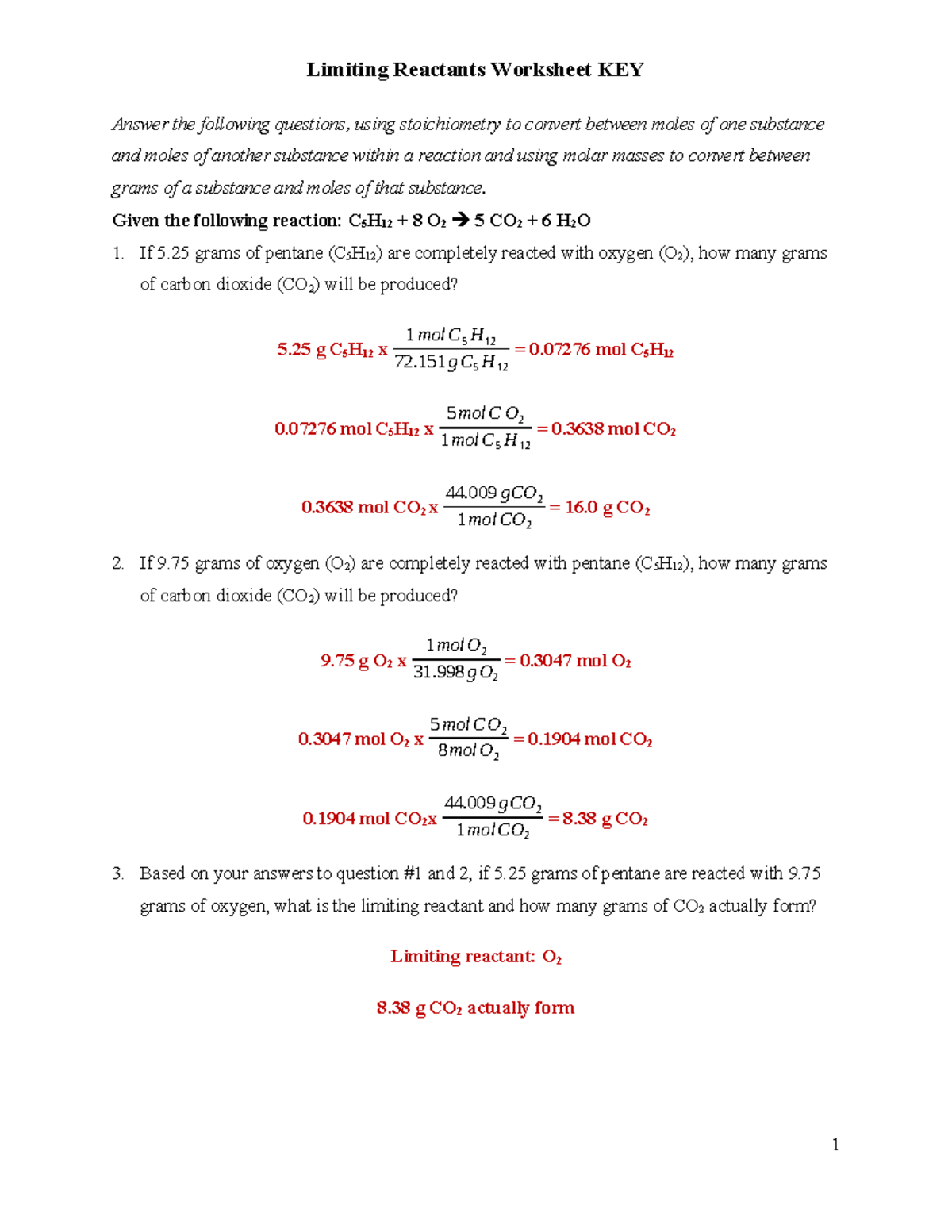 Limiting Reactants Worksheet Key - Stoichiometry Calculations - Studocu