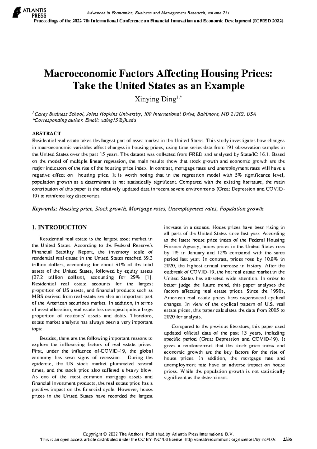 Macroeconomic Factors Influencing Housing Prices in the U.S. - ICFIED ...