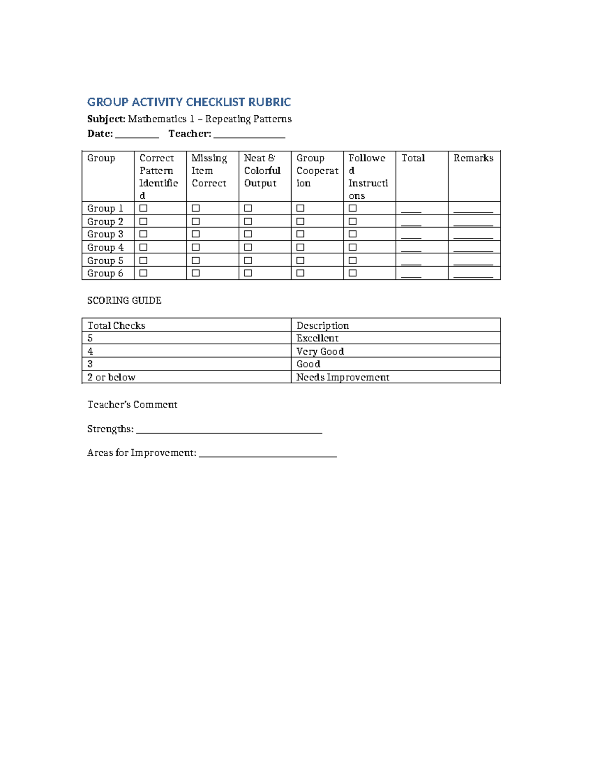 Group Activity Rubric Math1 - GROUP ACTIVITY CHECKLIST RUBRIC Subject ...