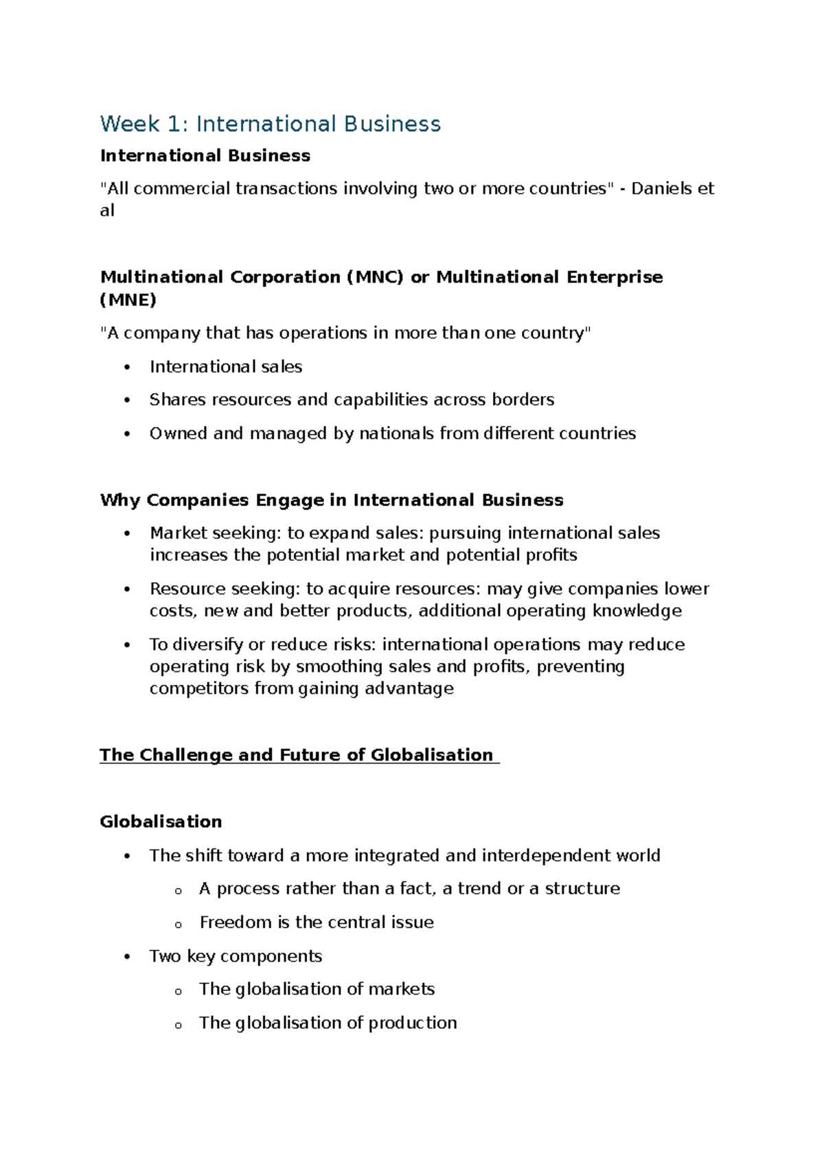 International Business Notes: Week 1 Overview and Key Concepts - Studocu
