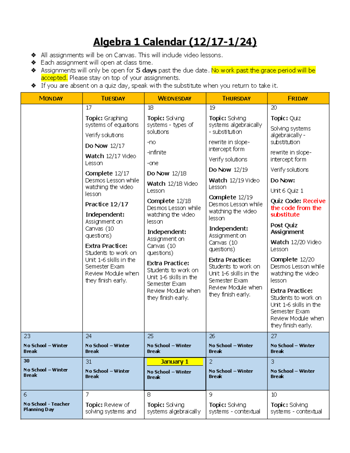 Copy of Algebra 1 Student Calendar 12 17 - 1 24 - Algebra 1 Calendar ...