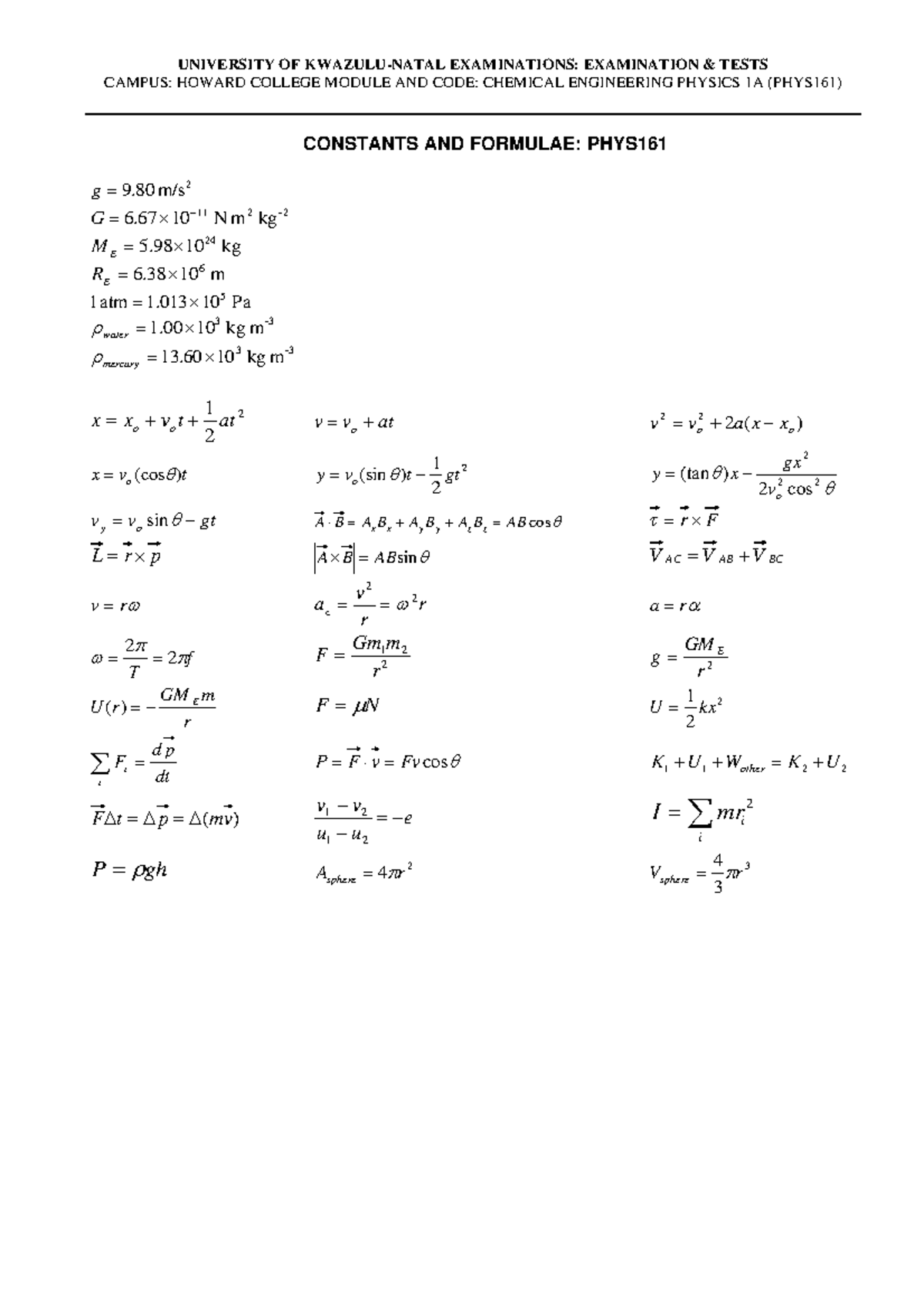 PHYS161: Chemical Engineering Physics 1A Formulae Sheet - Studocu