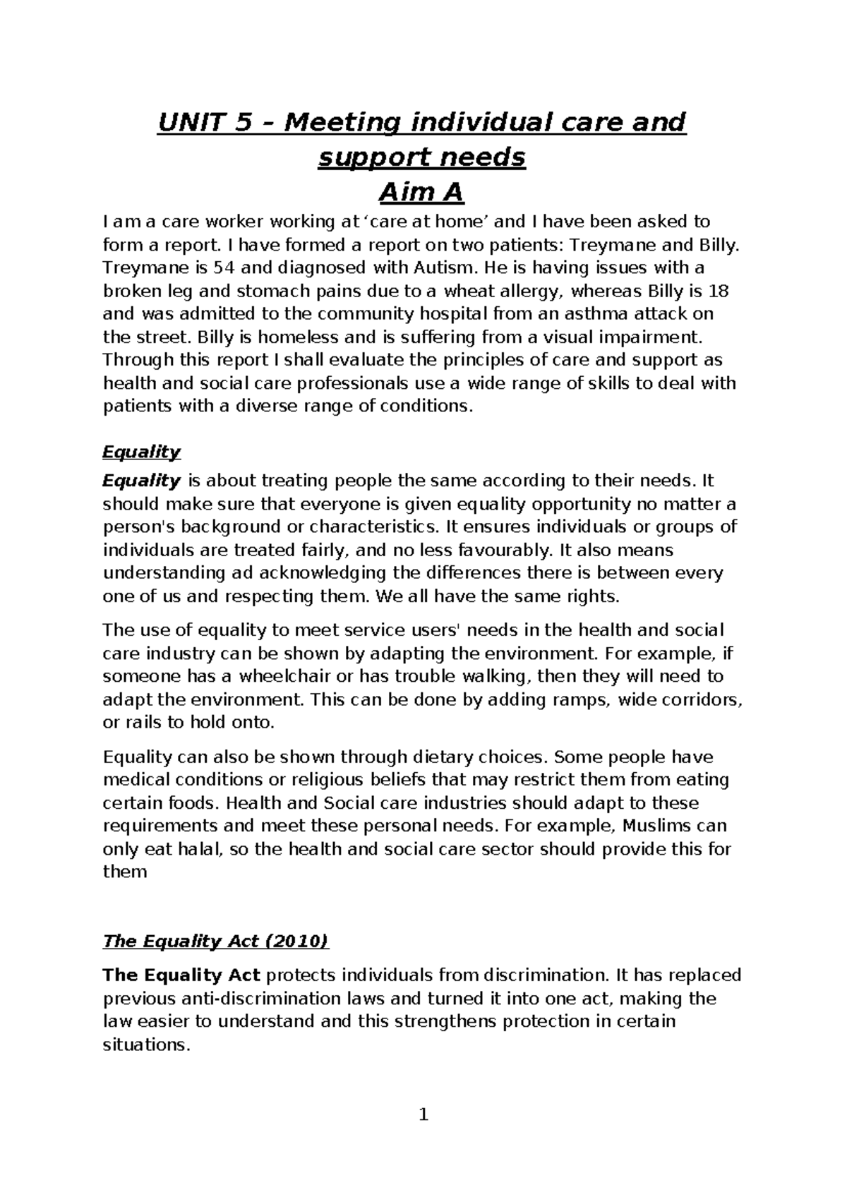 UNIT 5 Coursework: Meeting Individual Care & Support Needs - Aim A ...