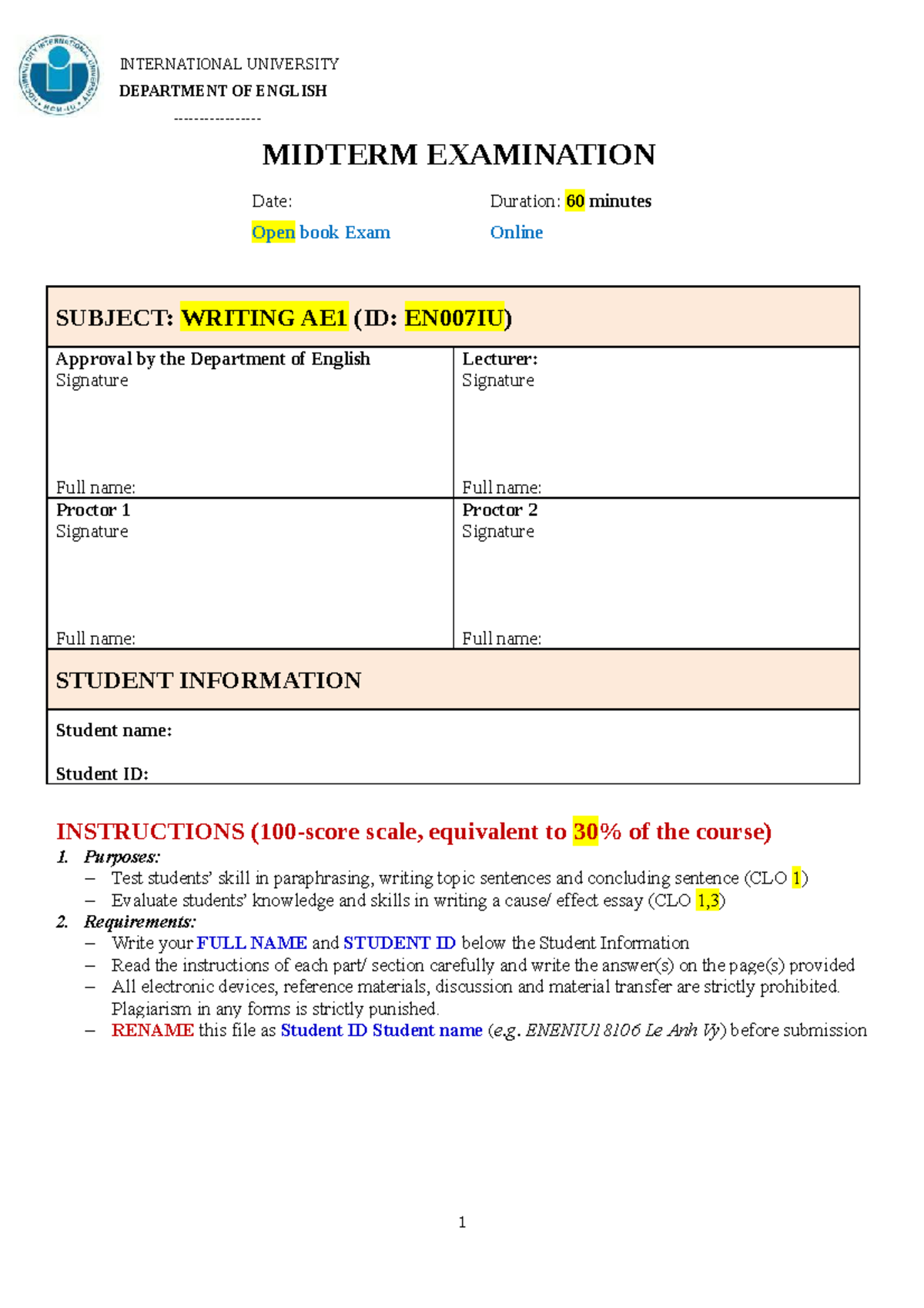 Midterm Examination - 123 - INTERNATIONAL UNIVERSITY DEPARTMENT OF ...